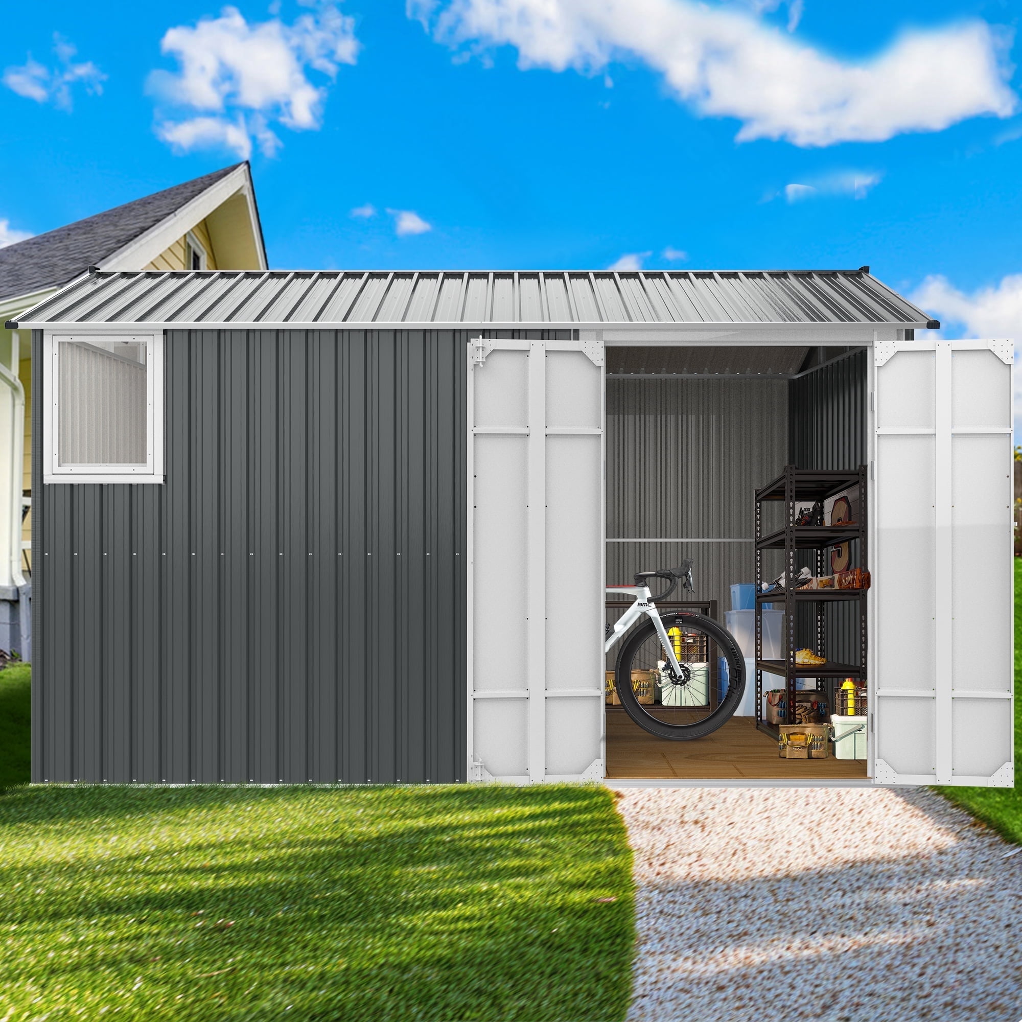 8x12 Ft Metal Outdoor Shed with Window, Floor Base, Air Vents, Double ...
