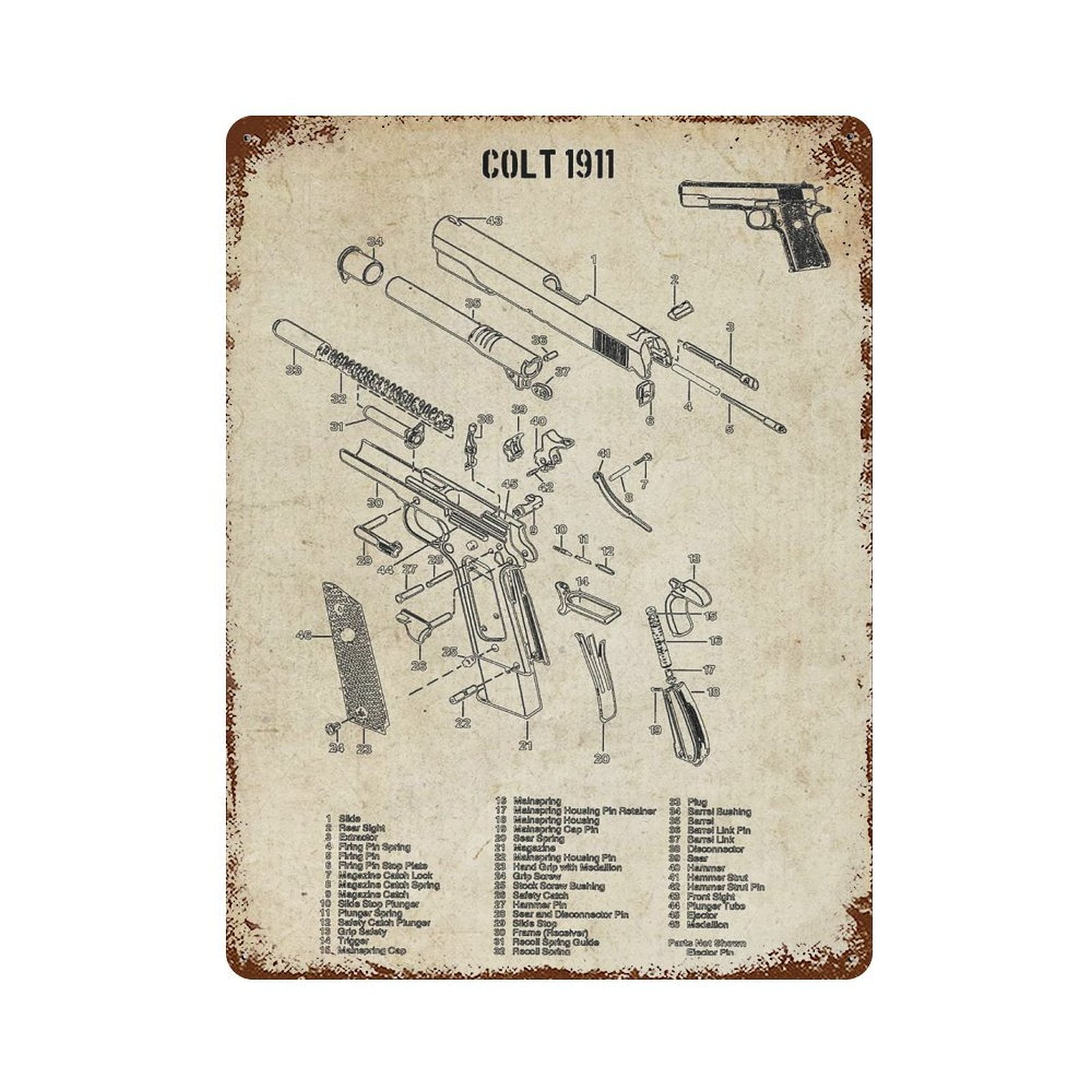 8x12 Inch Colt 1911 Gun Brown Retro Tin Metal Decorative Wall Paintings ...
