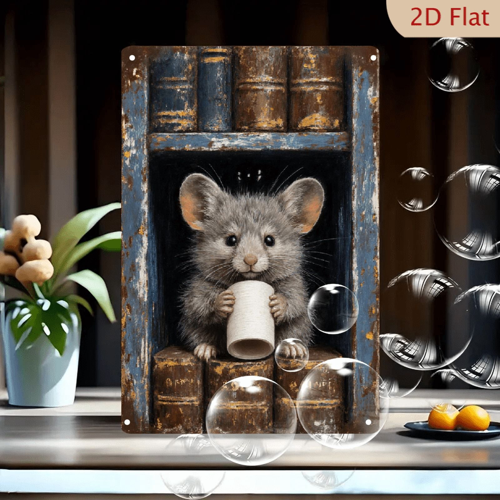 8x12 Inch Cute Fluffy Gray Mouse Peeking from Rustic Window Holding ...