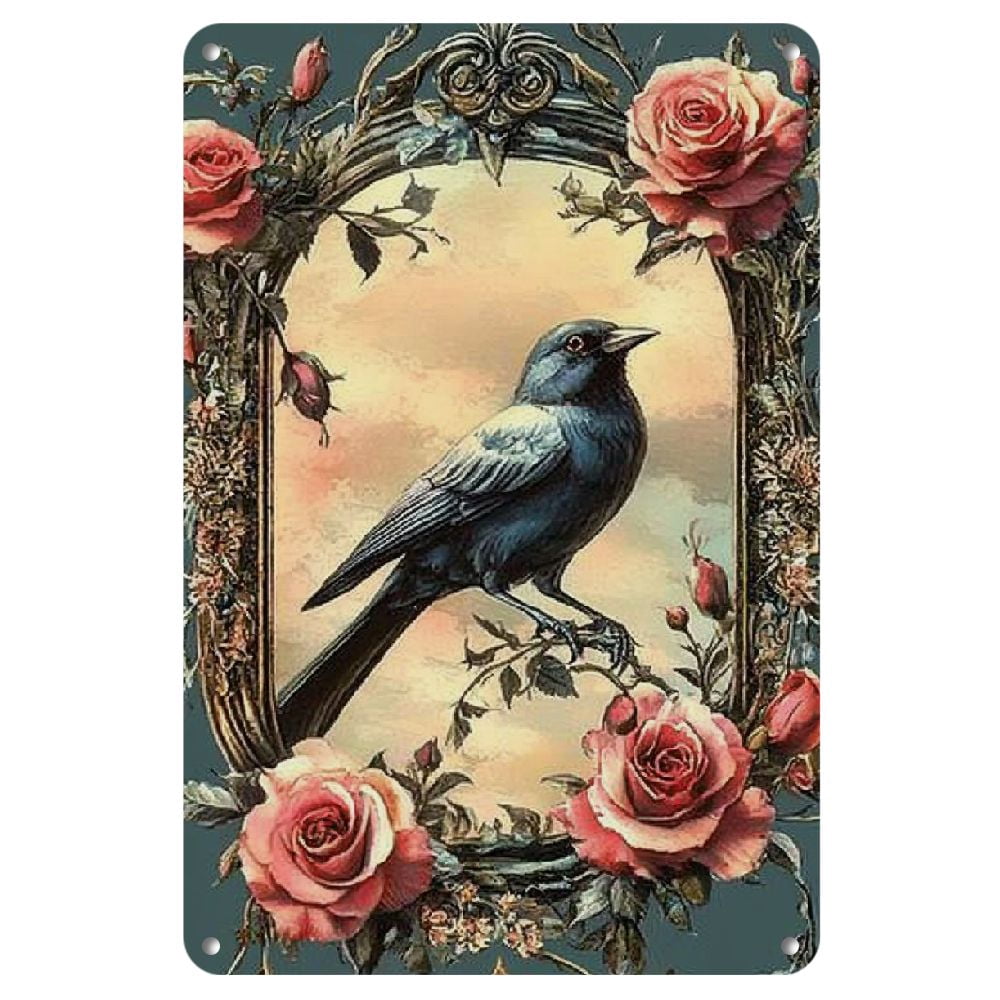8x12 Inch Gothic Raven and Roses Metal Wall Art, Vintage-Inspired Iron ...