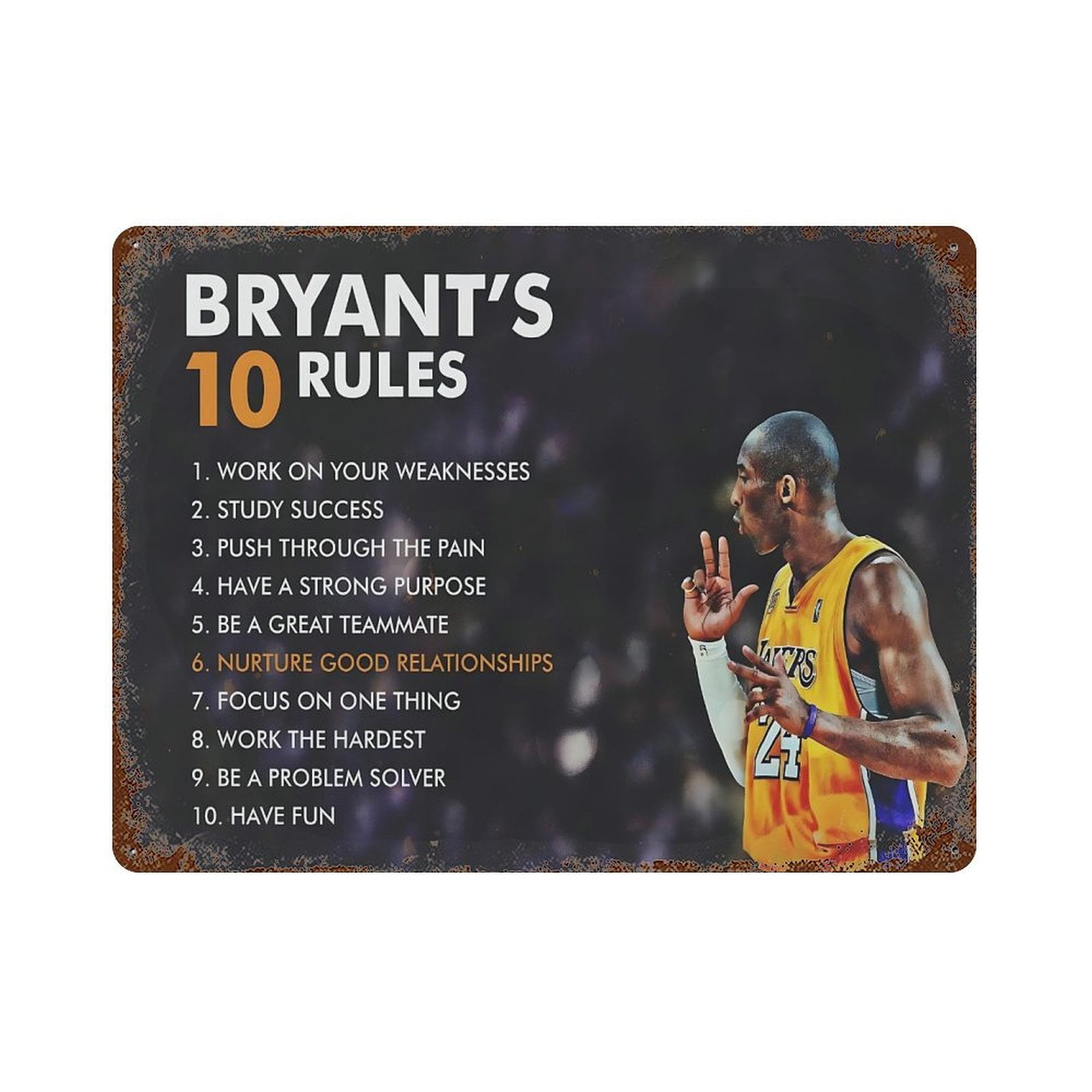 8x12 Inch Kobe Quotes-Bryant's Ten Rules Tin Metal Decorative Wall ...
