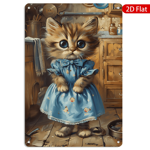 8x12 Inch Metal Wall Art, Adorable Kitten in Floral Dress Rustic ...