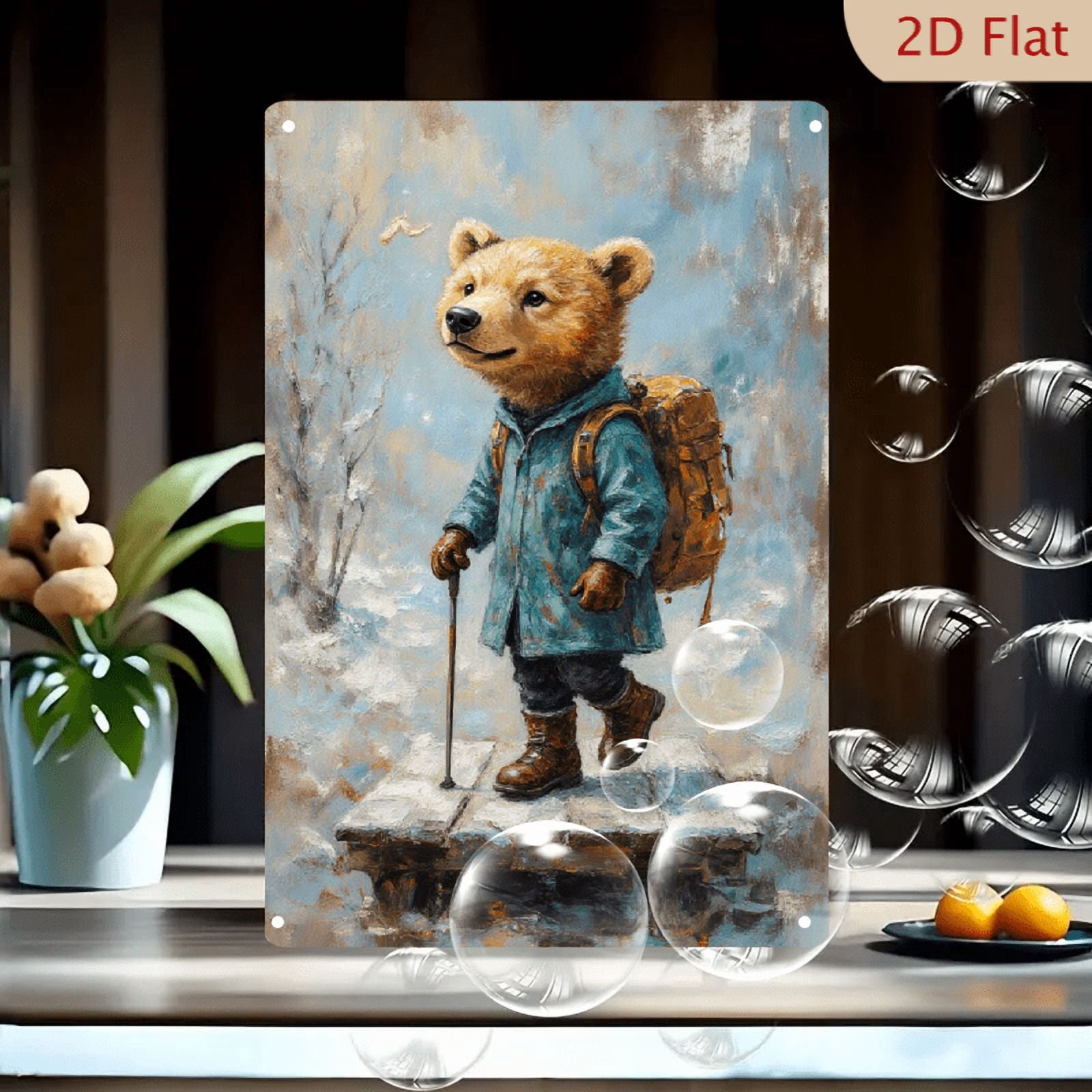 8x12 Inch Metal Wall Art, Anthropomorphic Bear Hiker in Teal Raincoat ...