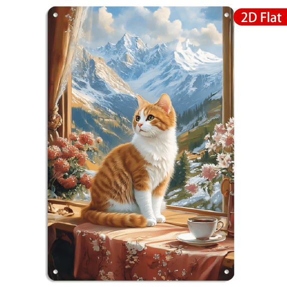 8x12 Inch Metal Wall Art, Cozy Cat on Windowsill Mountain View Design ...