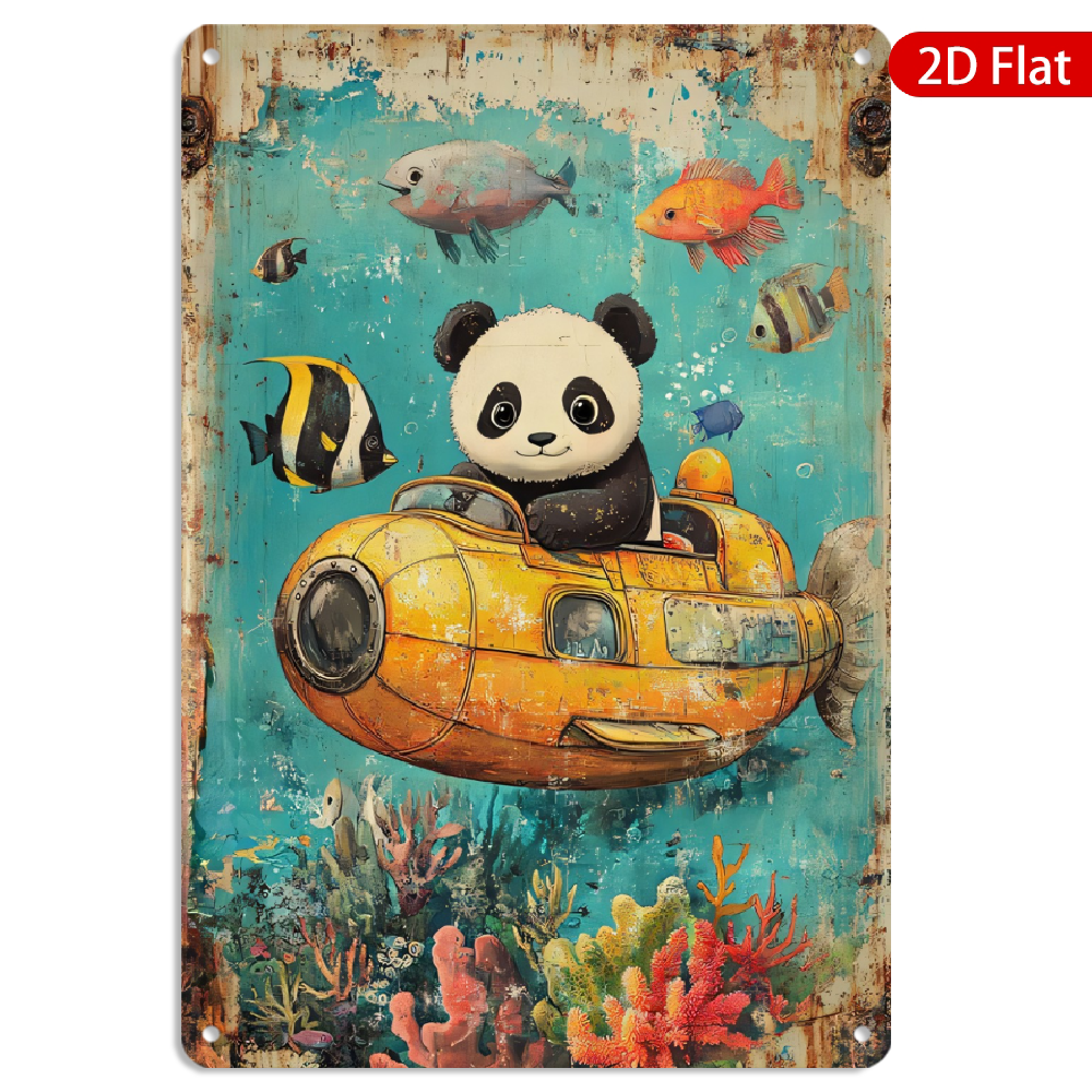 8x12 Inch Metal Wall Art, Cute Baby Panda in Submarine Design Vintage ...