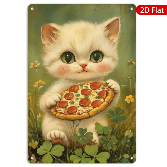 8x12 Inch Metal Wall Art, Cute White Kitten Holding Pizza in Wildflower ...