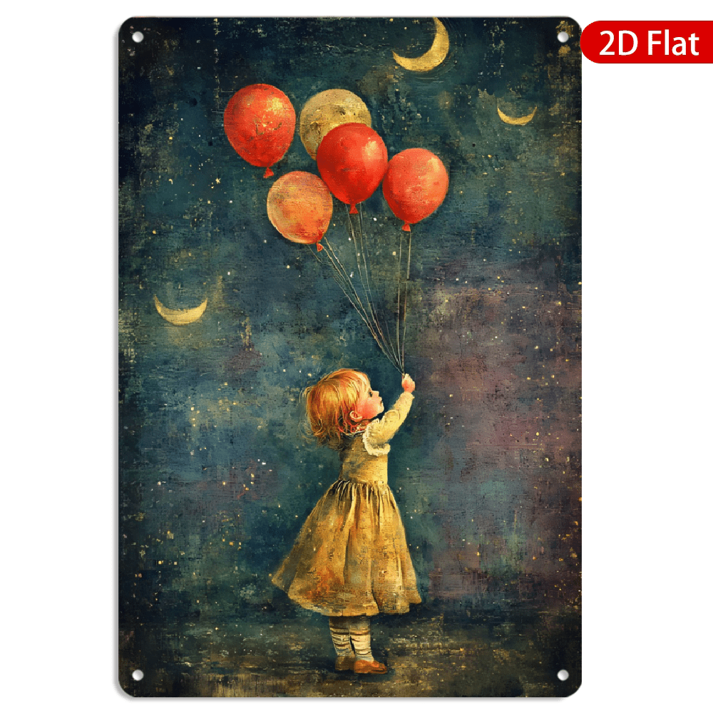 8x12 Inch Metal Wall Art, Dreamy Child Gazing at Balloons Night Sky ...