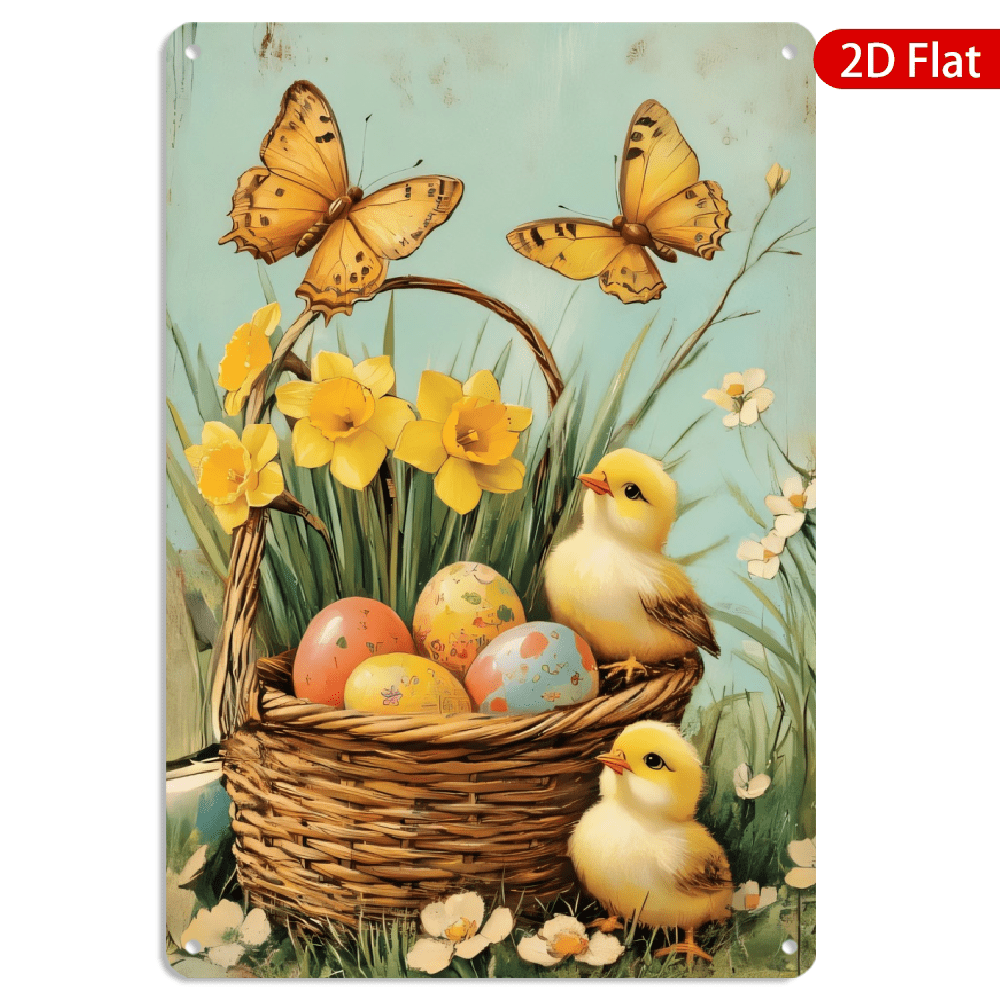 8x12 Inch Metal Wall Art, Easter Basket with Chicks and Butterflies ...