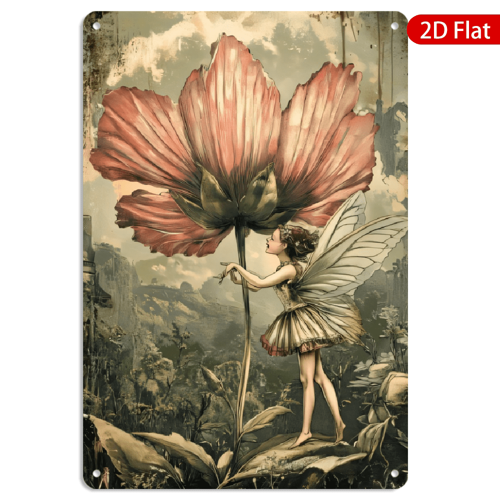 8x12 Inch Metal Wall Art, Fairy and Giant Poppy Flower Design Vintage ...