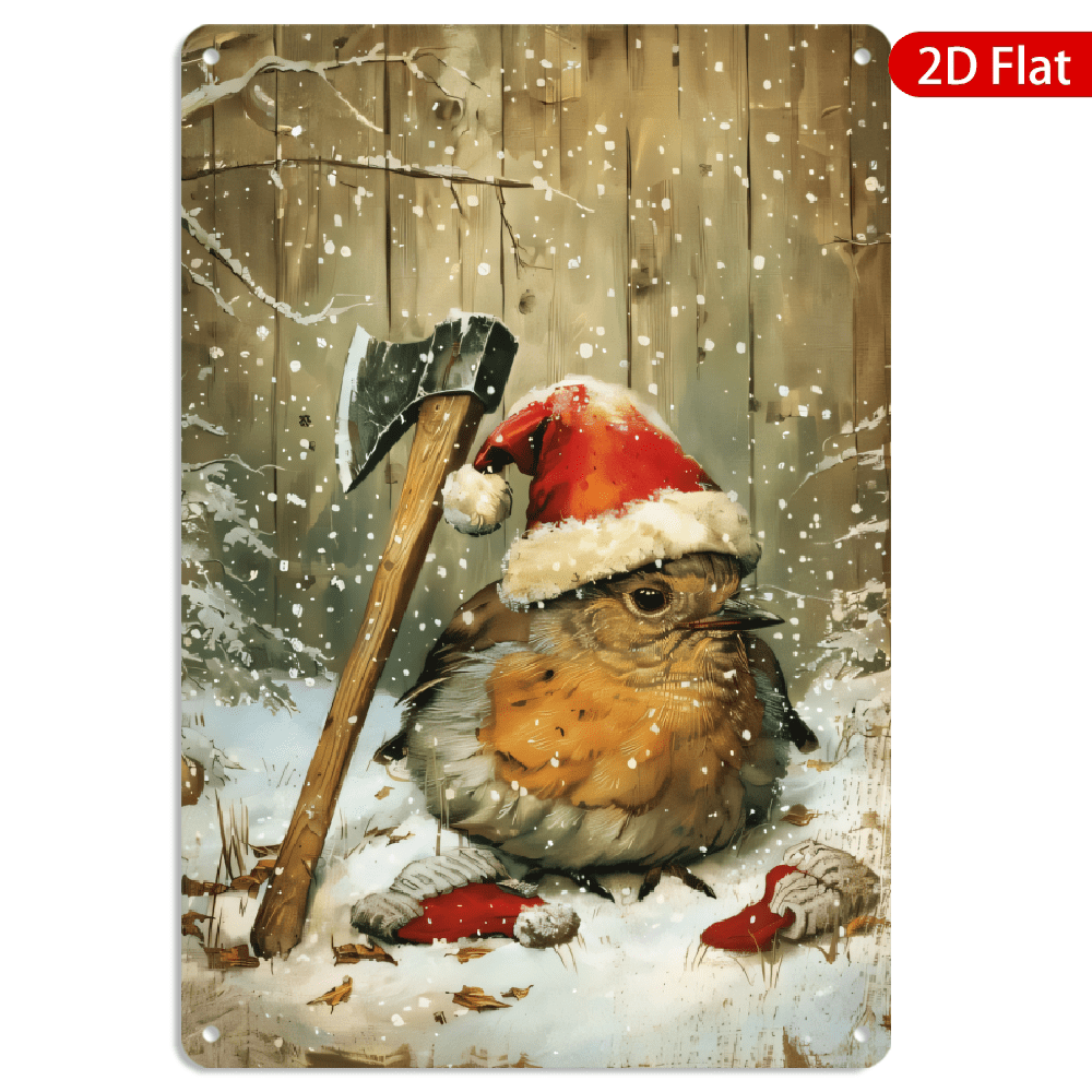 8x12 Inch Metal Wall Art, Festive Robin Bird with Santa Hat and Winter ...