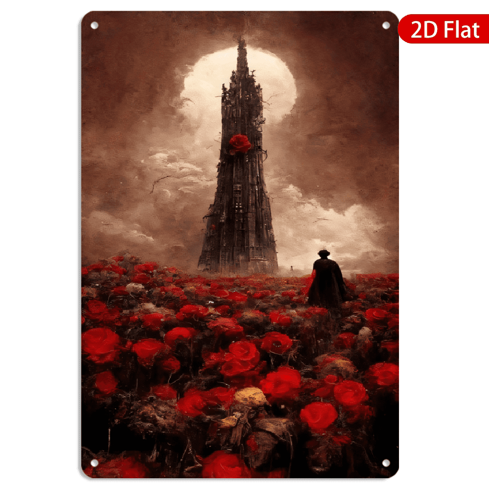 8x12 Inch Metal Wall Art, Gothic Surreal Landscape with Red Roses and ...