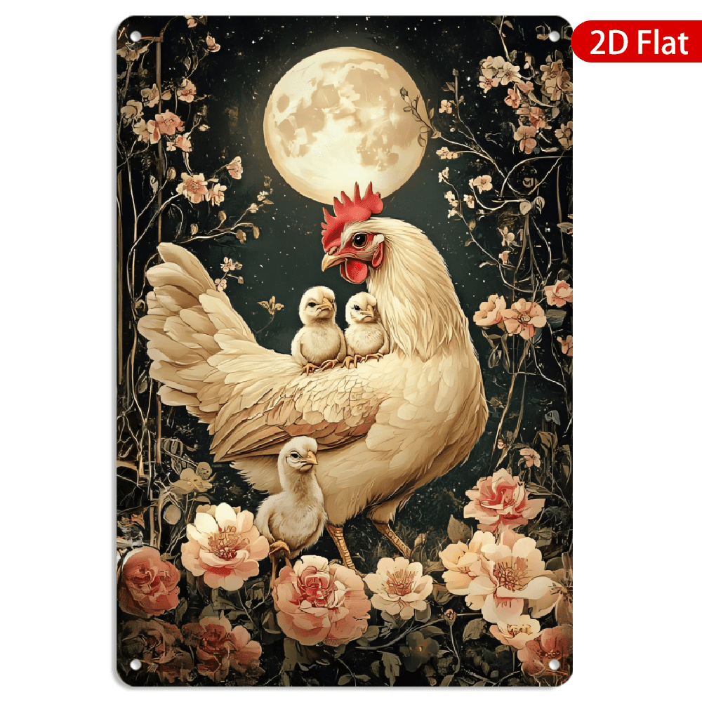 8x12 Inch Metal Wall Art, Hen and Chicks with Pink Roses Moonlit Scene ...