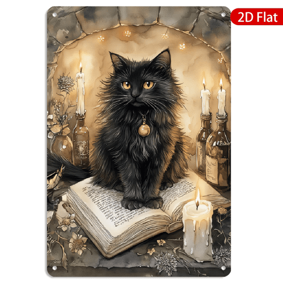 8x12 Inch Metal Wall Art, Mystical Black Cat with Books and Candles ...