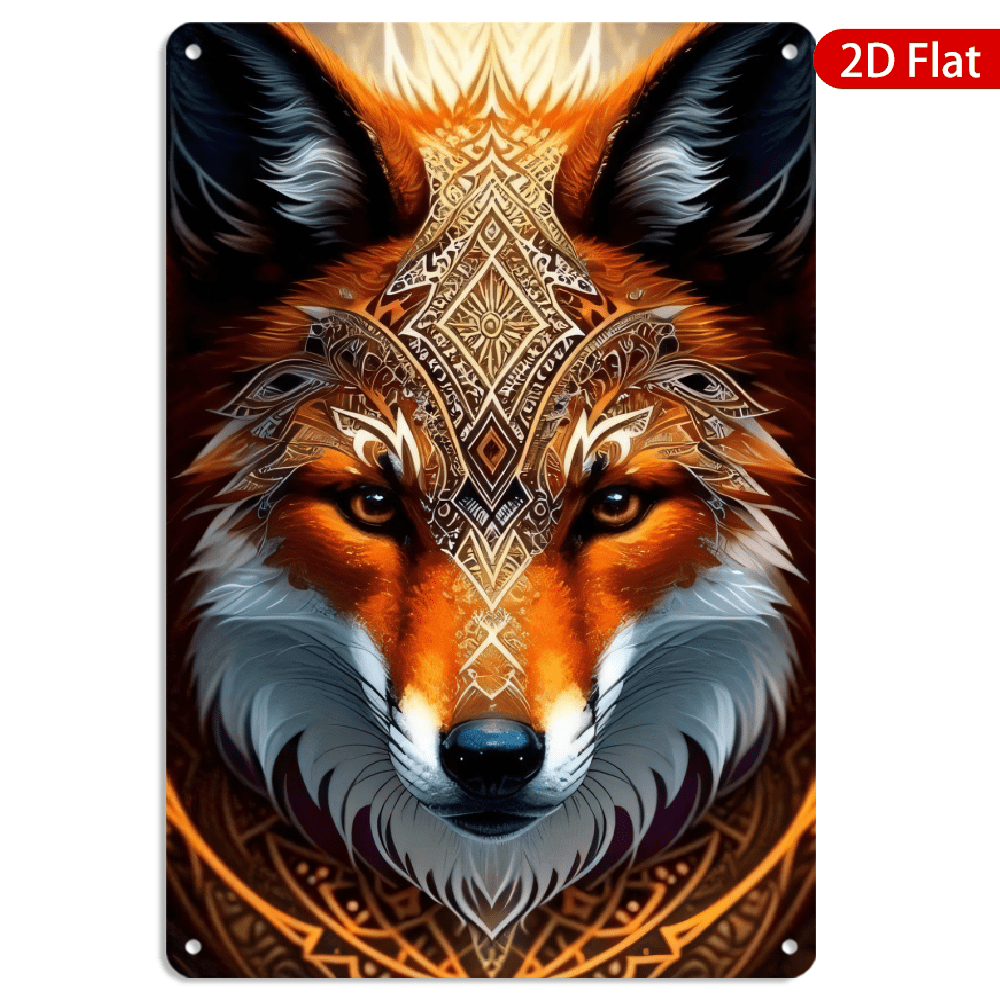 8x12 Inch Metal Wall Art, Mystical Fox Portrait with Golden Geometric ...