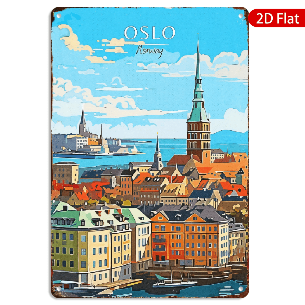 8x12 Inch Metal Wall Art, Oslo Norway Waterfront Travel Poster Vintage ...