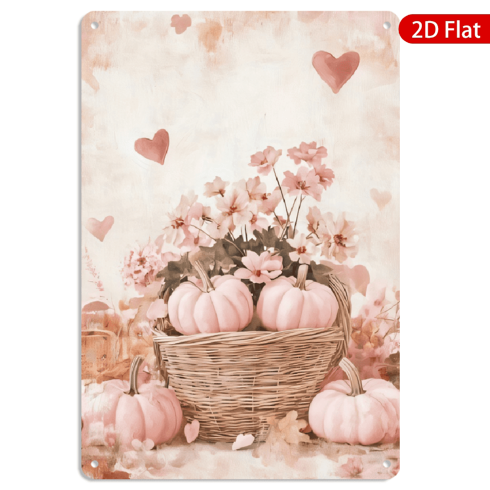 8x12 Inch Metal Wall Art, Pastel Pink Floral and Pumpkin Woven Basket ...