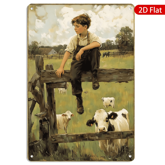 8x12 Inch Metal Wall Art, Pastoral Countryside Boy with Calves Design ...