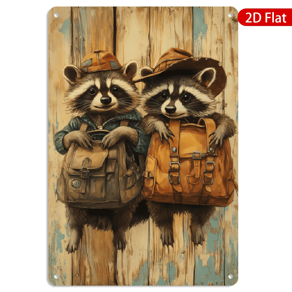 8x12 Inch Metal Wall Art Rectangular Vintage Explorer Raccoon Pair ...