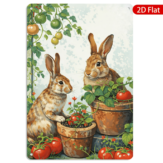 8x12 Inch Metal Wall Art Rectangular Vintage Garden Rabbits and Tomato ...