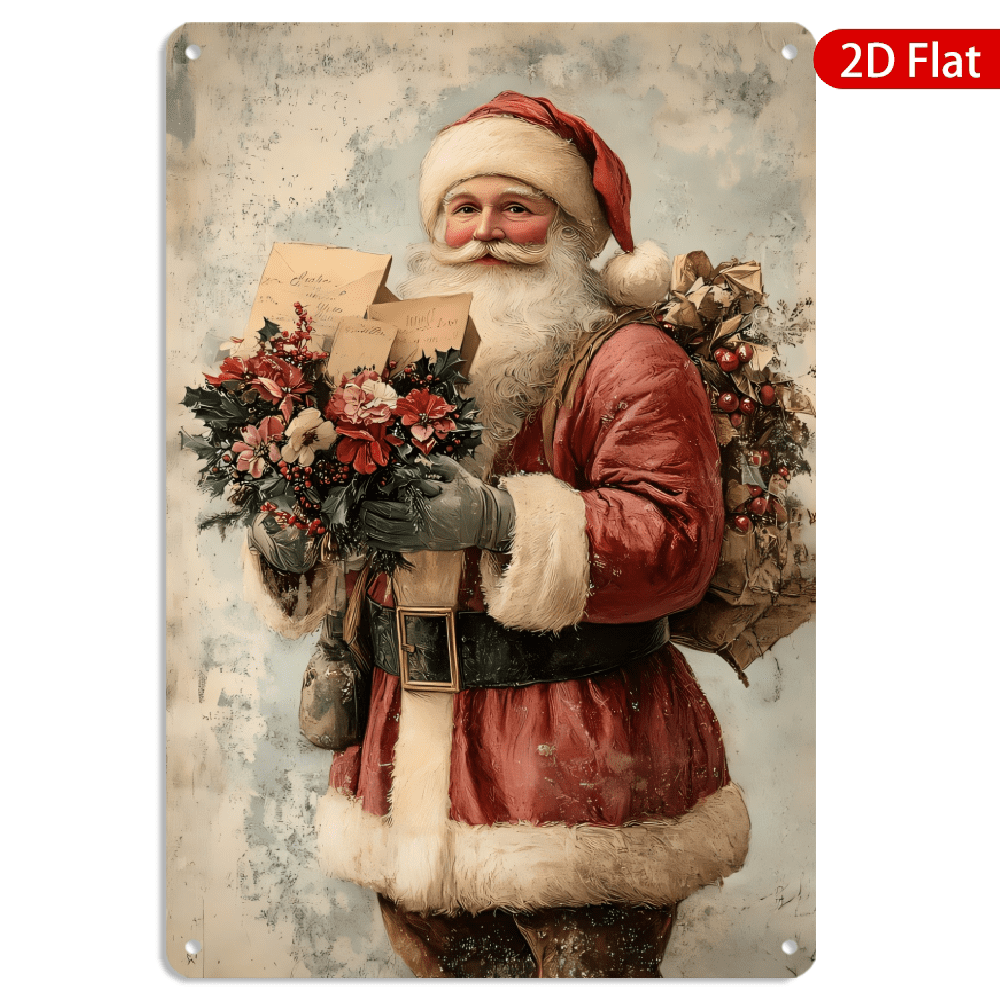 8x12 Inch Metal Wall Art Rectangular Vintage Santa Holding Flower ...