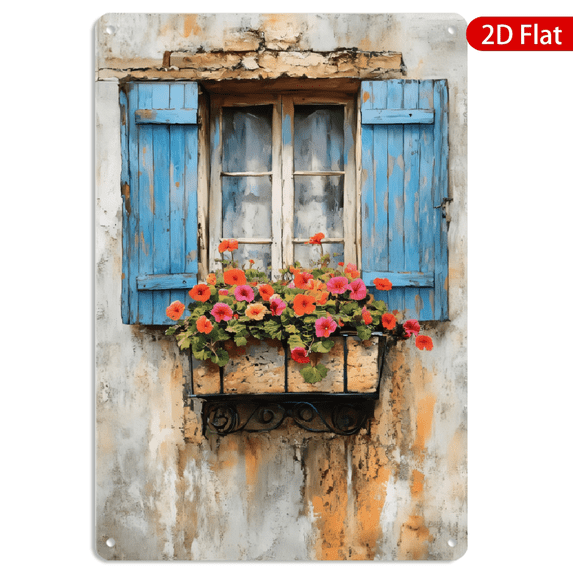 8x12 Inch Metal Wall Art, Rustic Blue Window with Coral Floral Box ...
