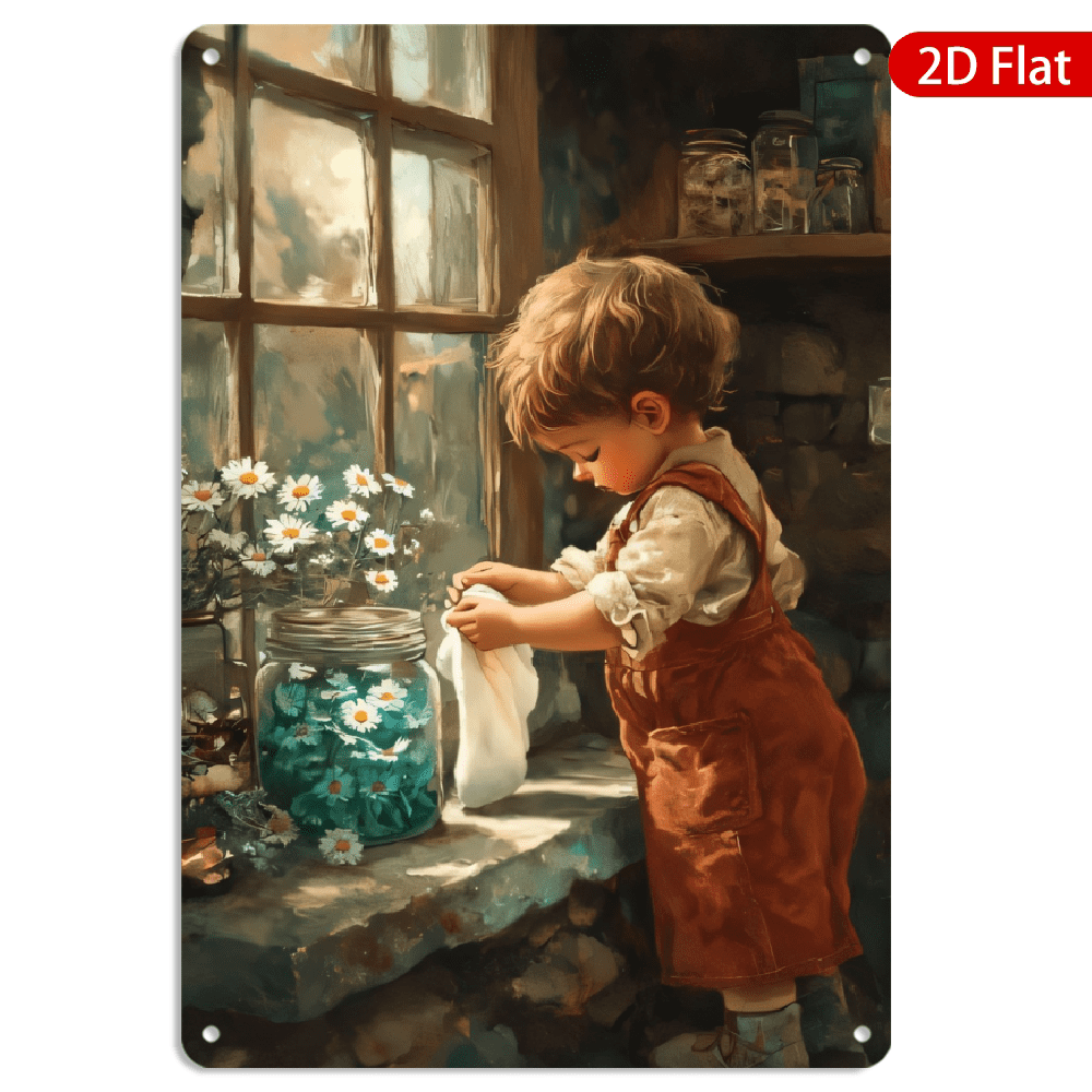 8x12 Inch Metal Wall Art, Rustic Child Cleaning Glowing Flower Jar ...