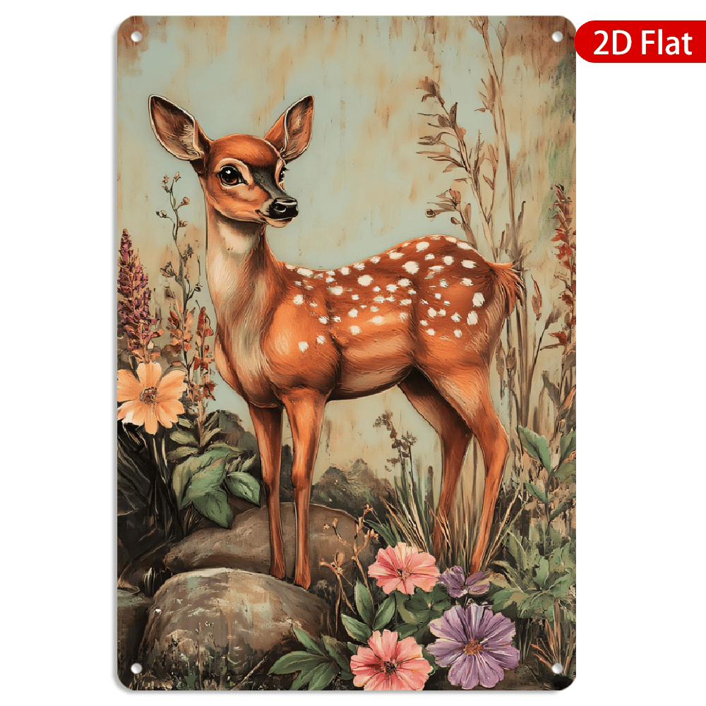 8x12 Inch Metal Wall Art, Rustic Fawn and Wildflower Print Decorative ...