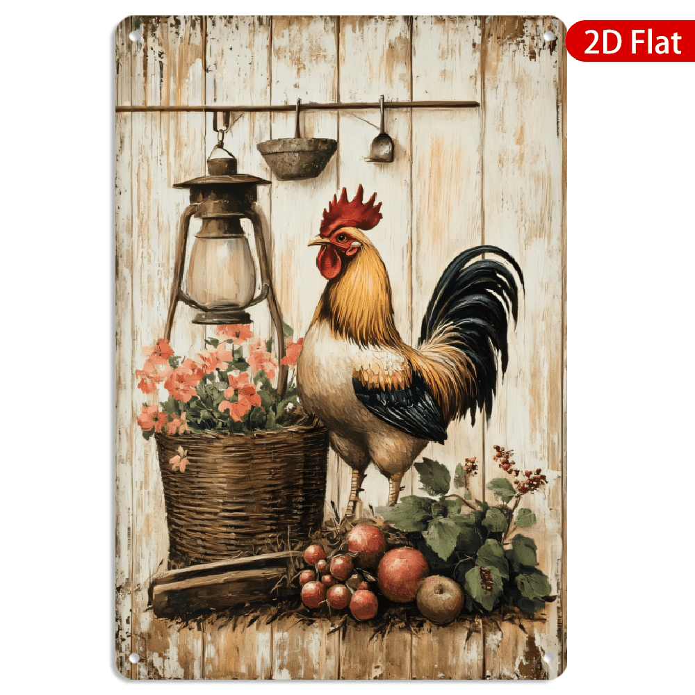 8x12 Inch Metal Wall Art, Rustic Rooster and Flower Basket Design ...