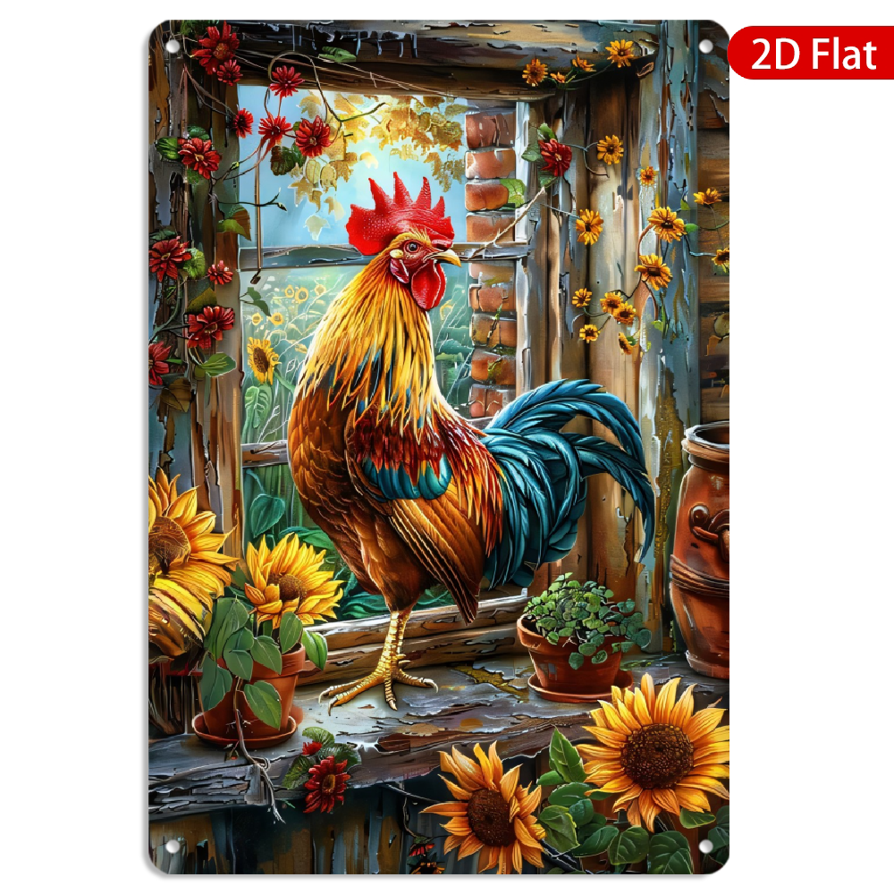 8x12 Inch Metal Wall Art, Rustic Rooster and Sunflower Design, Vintage ...