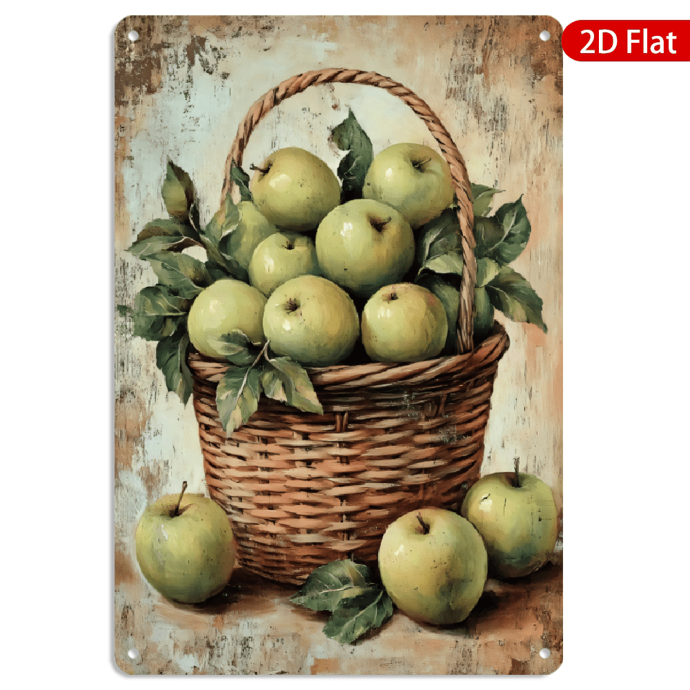 8x12 Inch Metal Wall Art, Rustic Still Life Green Apples in Wicker ...