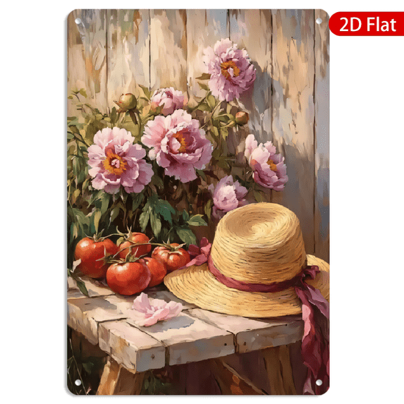 8x12 Inch Metal Wall Art, Rustic Still Life Tomato and Peony Floral ...
