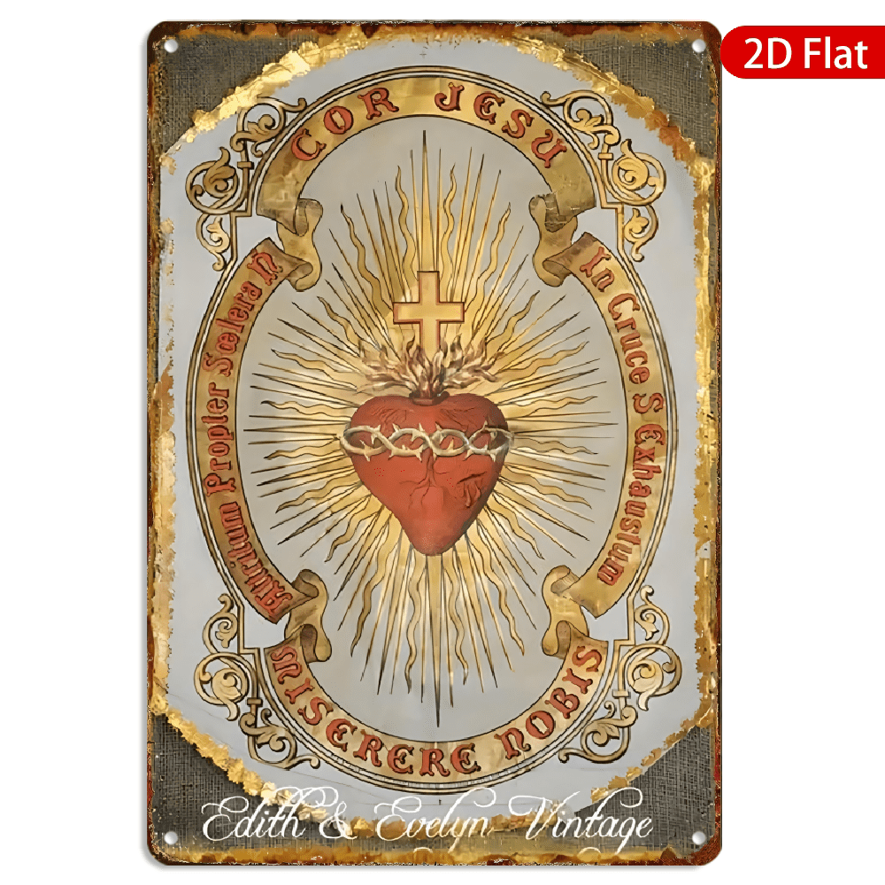 8x12 Inch Metal Wall Art, Sacred Heart of Jesus Religious Illustration ...