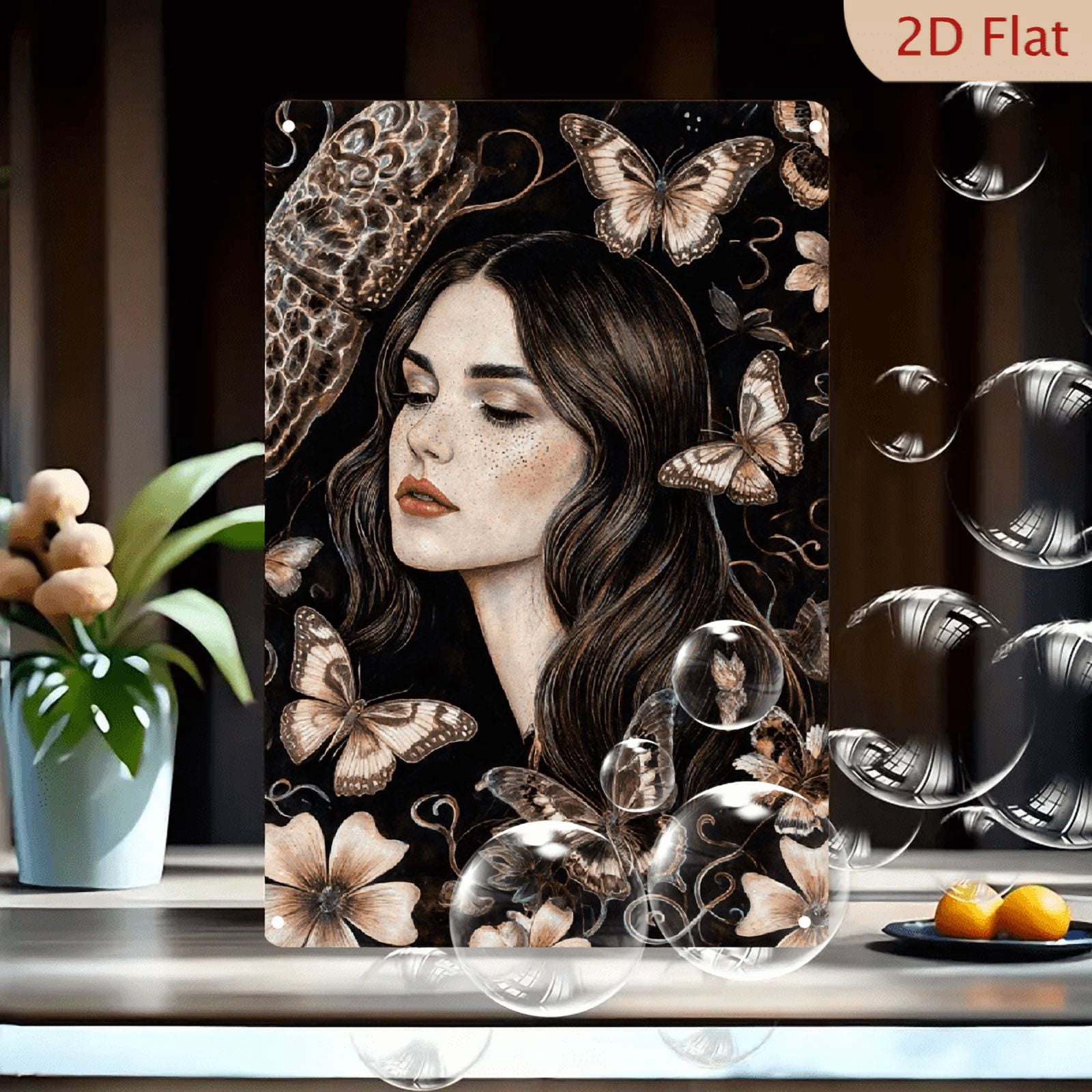 8x12 Inch Metal Wall Art, Serene Woman with Freckles & Butterflies ...