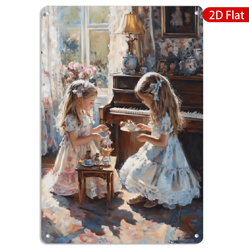 8x12 Inch Metal Wall Art, Two Girls Having Tea Party Vintage Floral ...