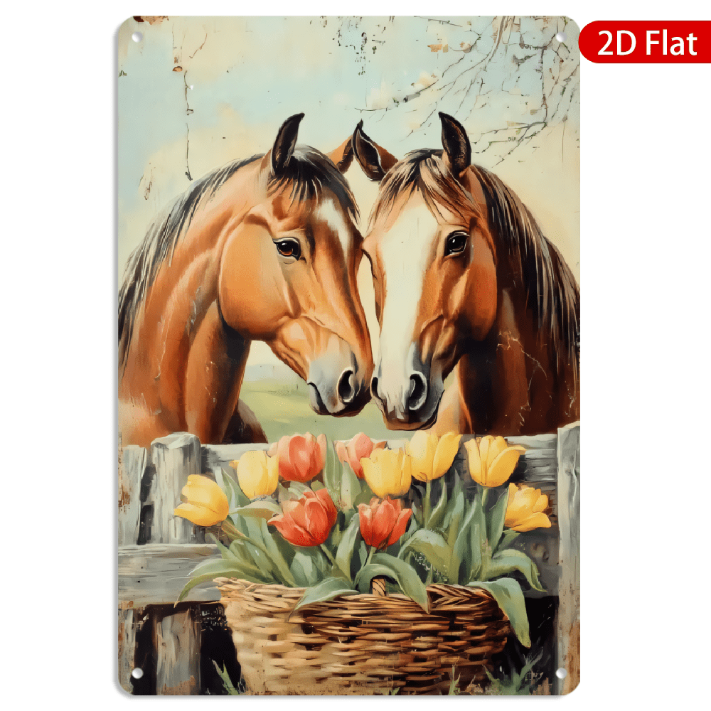 8x12 Inch Metal Wall Art, Two Horses and Tulip Basket Pastoral Painting ...