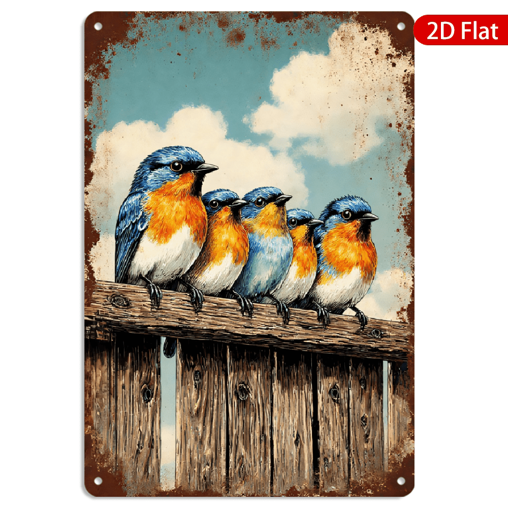 8x12 Inch Metal Wall Art, Vintage Bluebirds on Wooden Fence Design ...