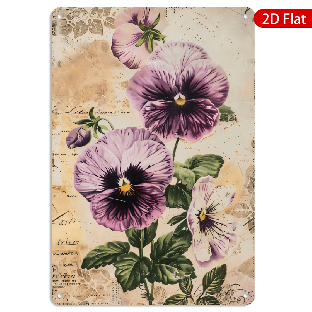 8x12 Inch Metal Wall Art, Vintage Botanical Purple Pansy Floral Print ...