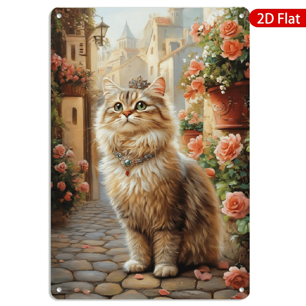 8x12 Inch Metal Wall Art, Vintage Crowned Cat in European Village ...