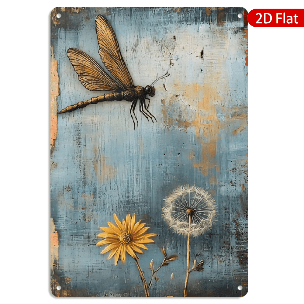 8x12 Inch Metal Wall Art Vintage Dragonfly Dandelion Flower Seed Head ...