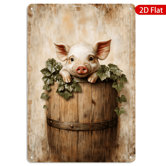 8x12 Inch Metal Wall Art, Vintage Farm Pig Peeking from Wooden Barrel ...