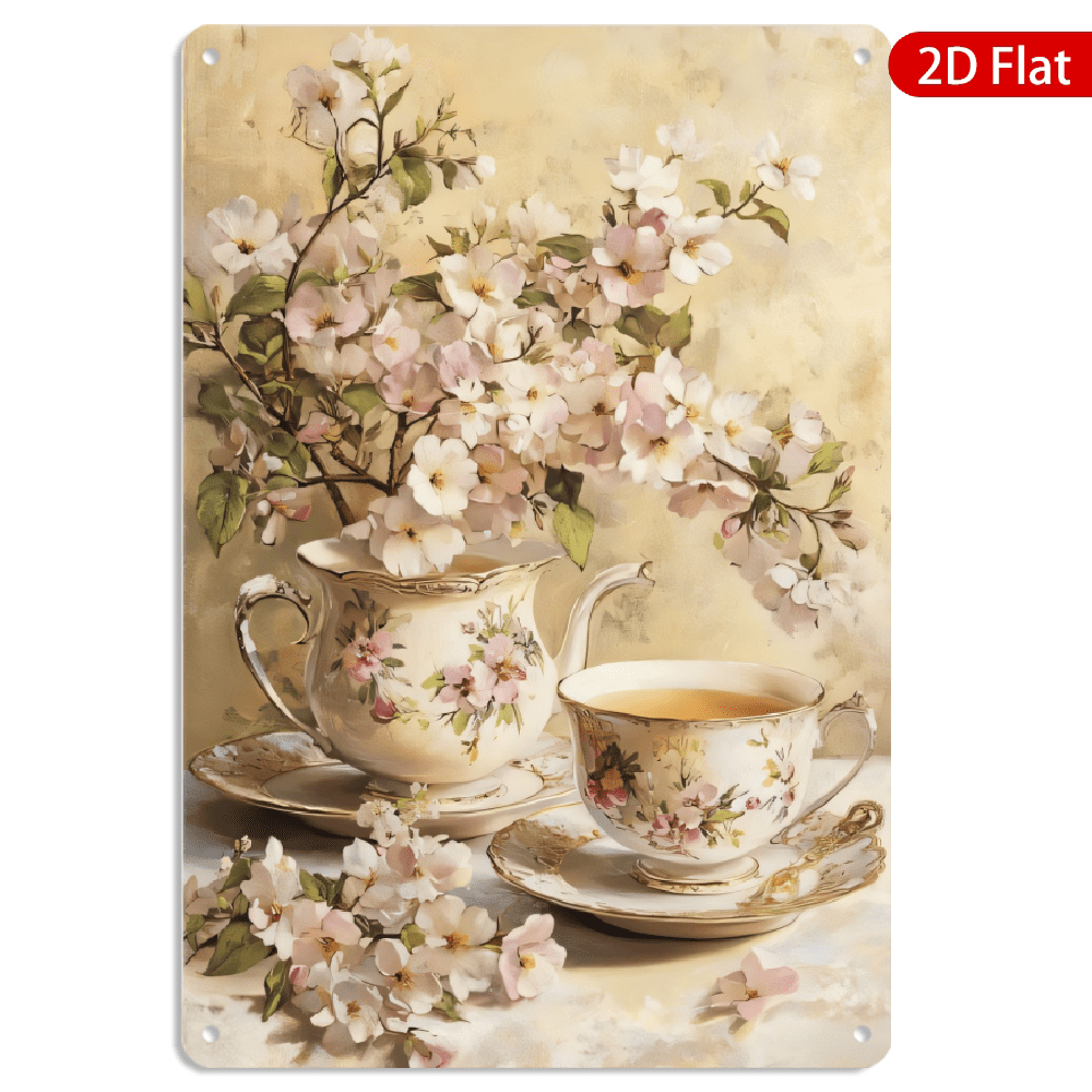 8x12 Inch Metal Wall Art, Vintage Floral Tea Set and Cherry Blossom ...