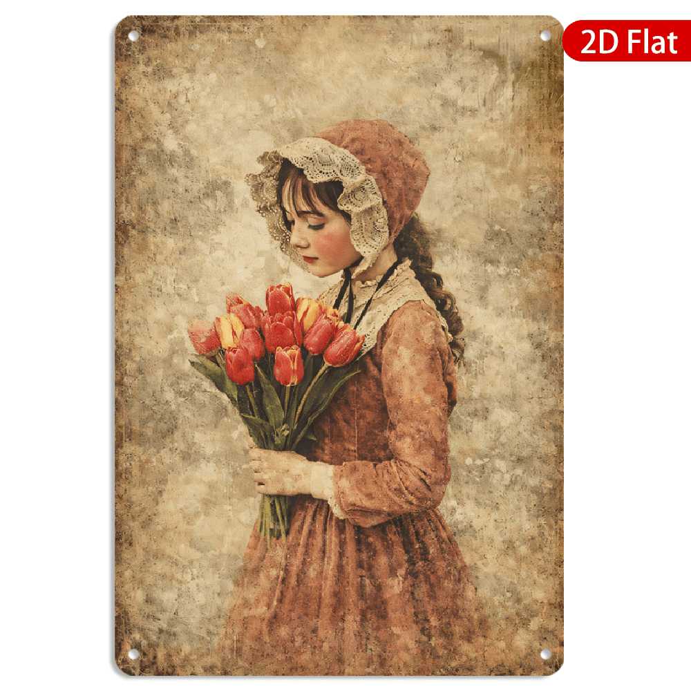 8x12 Inch Metal Wall Art Vintage Girl Bouquet Portrait Rust Bonnet ...