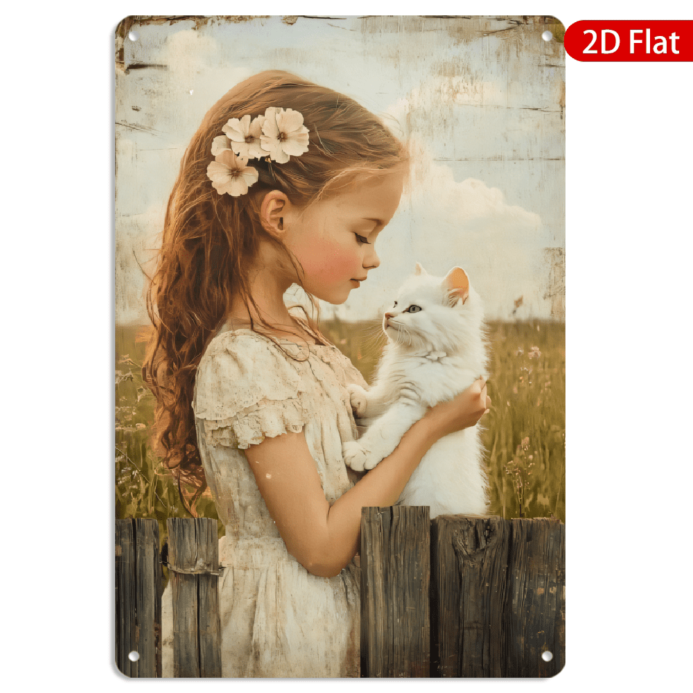 8x12 Inch Metal Wall Art, Vintage Girl Holding Kitten Portrait Rustic ...