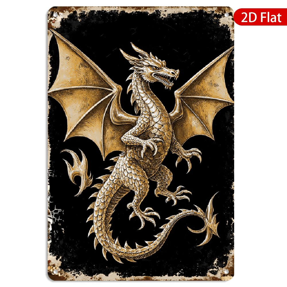 8x12 Inch Metal Wall Art, Vintage Golden Dragon Illustration Antique ...
