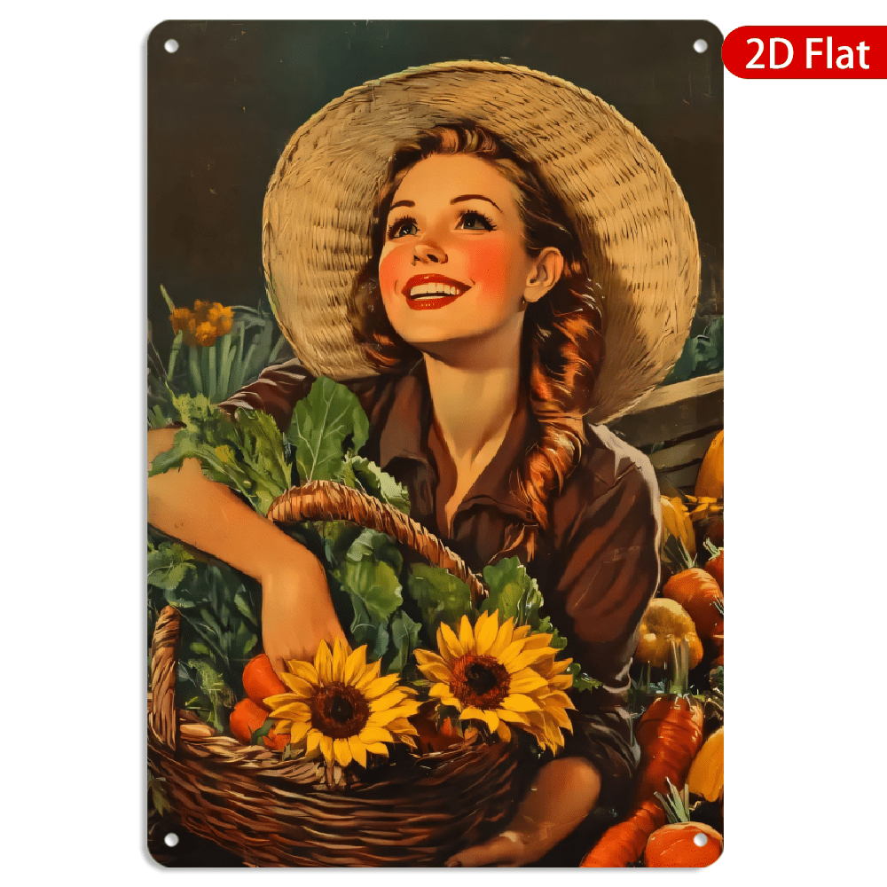8x12 Inch Metal Wall Art, Vintage Harvest Girl with Sunflowers and ...