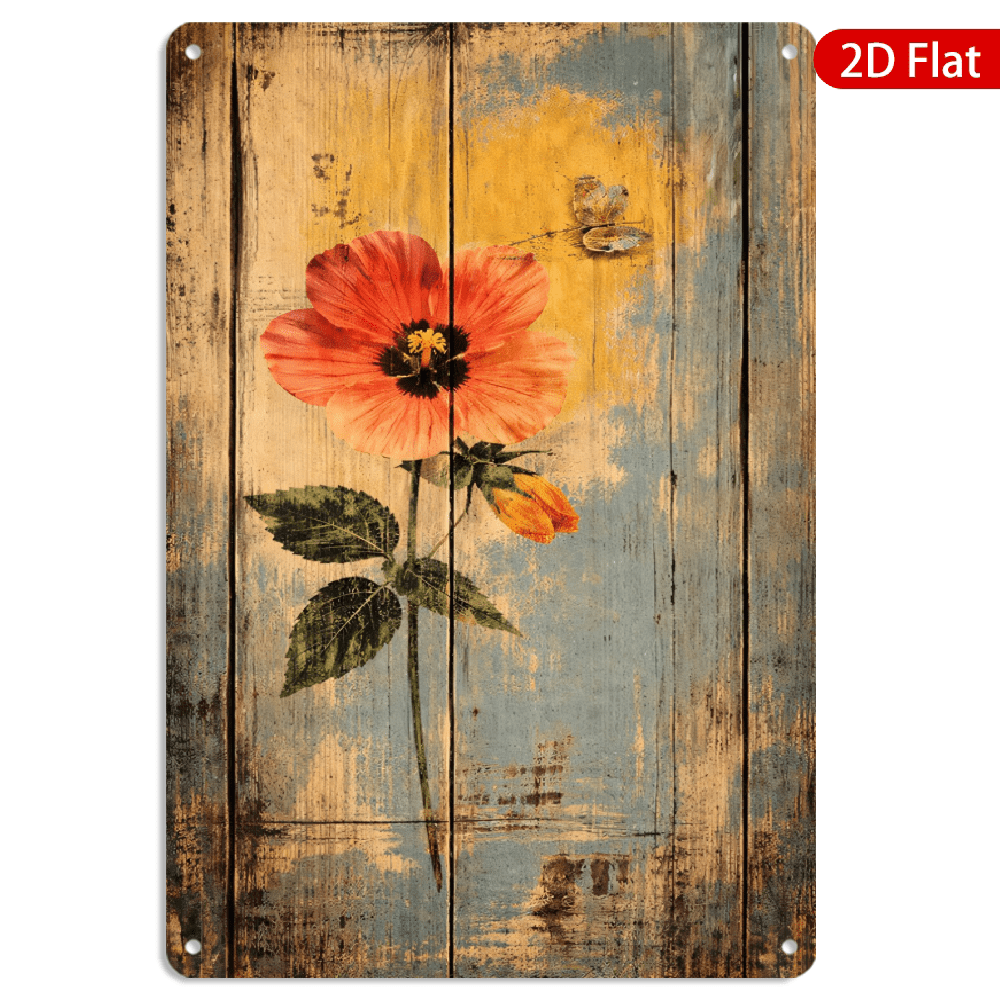 8x12 Inch Metal Wall Art, Vintage Hibiscus Flower Botanical on Rustic ...