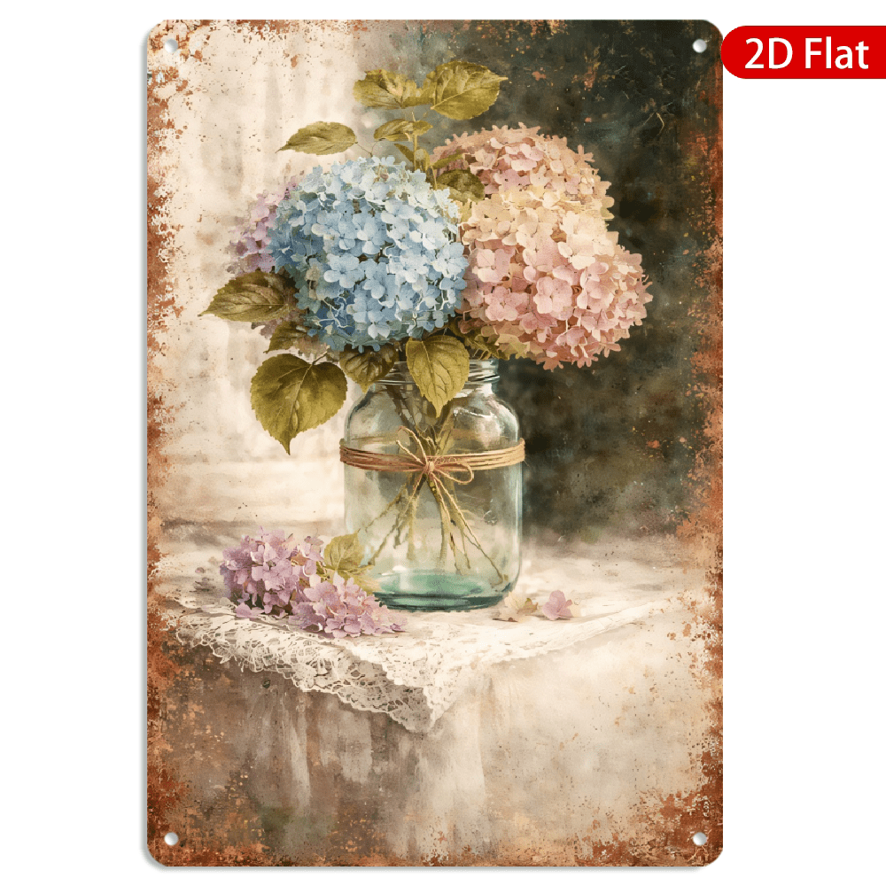 8x12 Inch Metal Wall Art Vintage Hydrangea Bouquet in Glass Jar on Lace ...