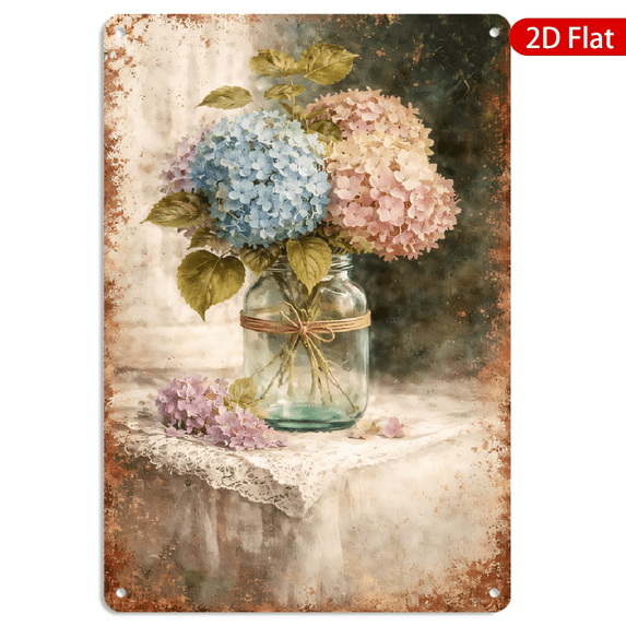 8x12 Inch Metal Wall Art Vintage Hydrangea Bouquet in Glass Jar on Lace ...