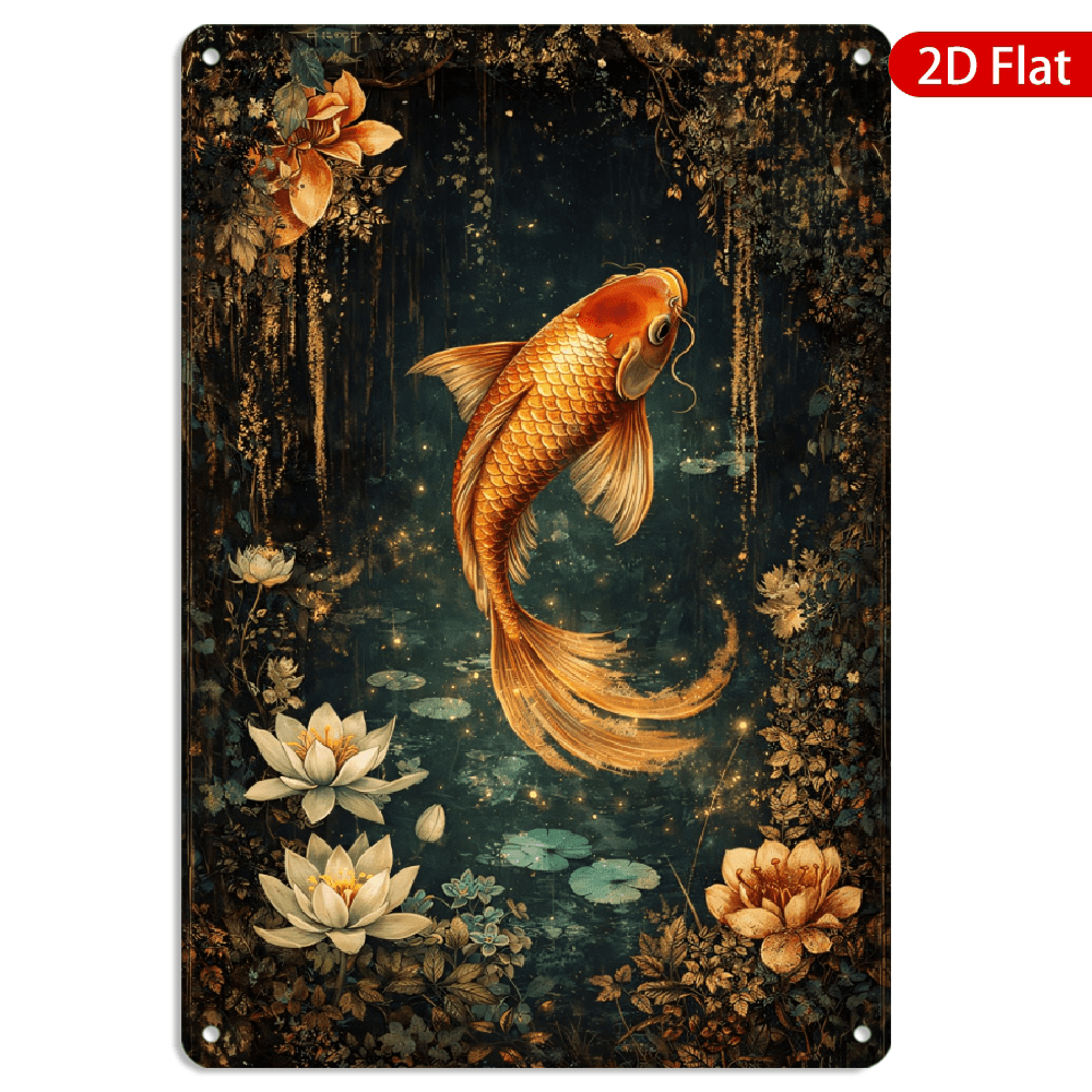8x12 Inch Metal Wall Art, Vintage Koi Fish Lotus Pond Shimmering Golden ...