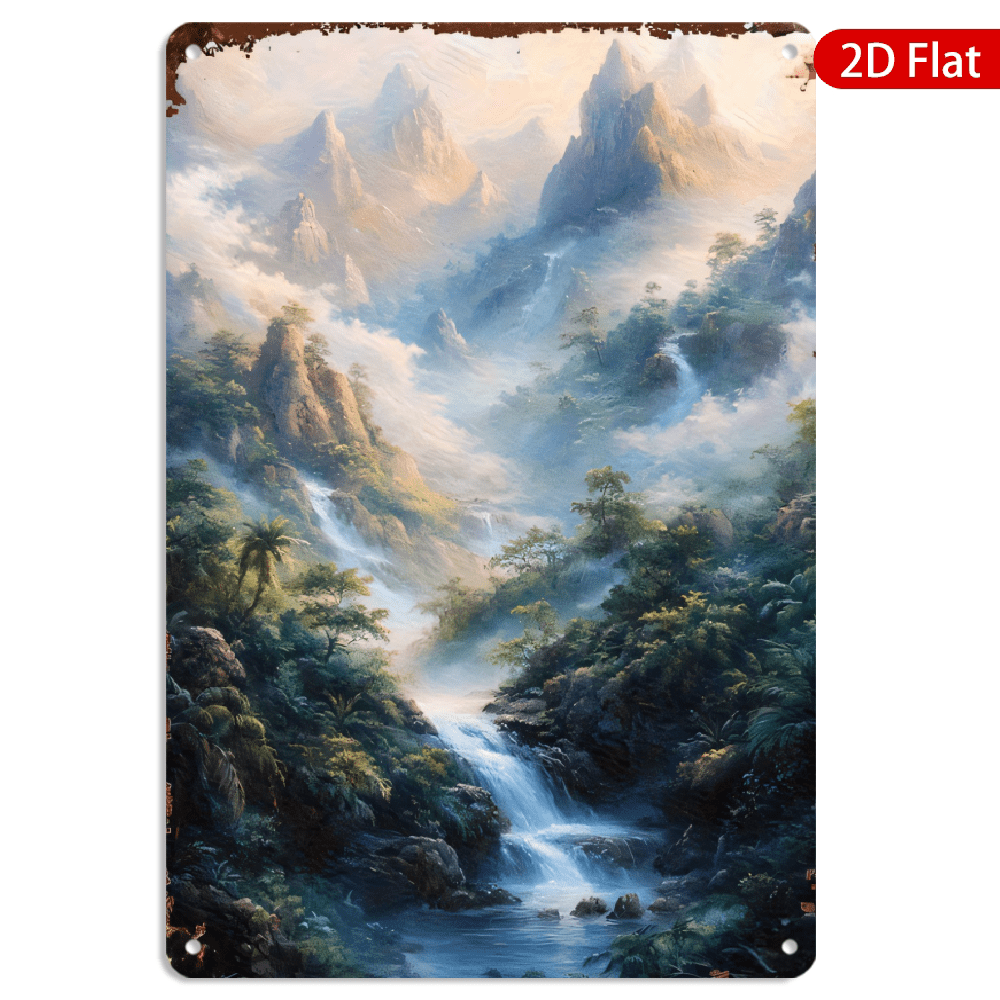 8x12 Inch Metal Wall Art Vintage Mountain Waterfall Landscape Forest ...